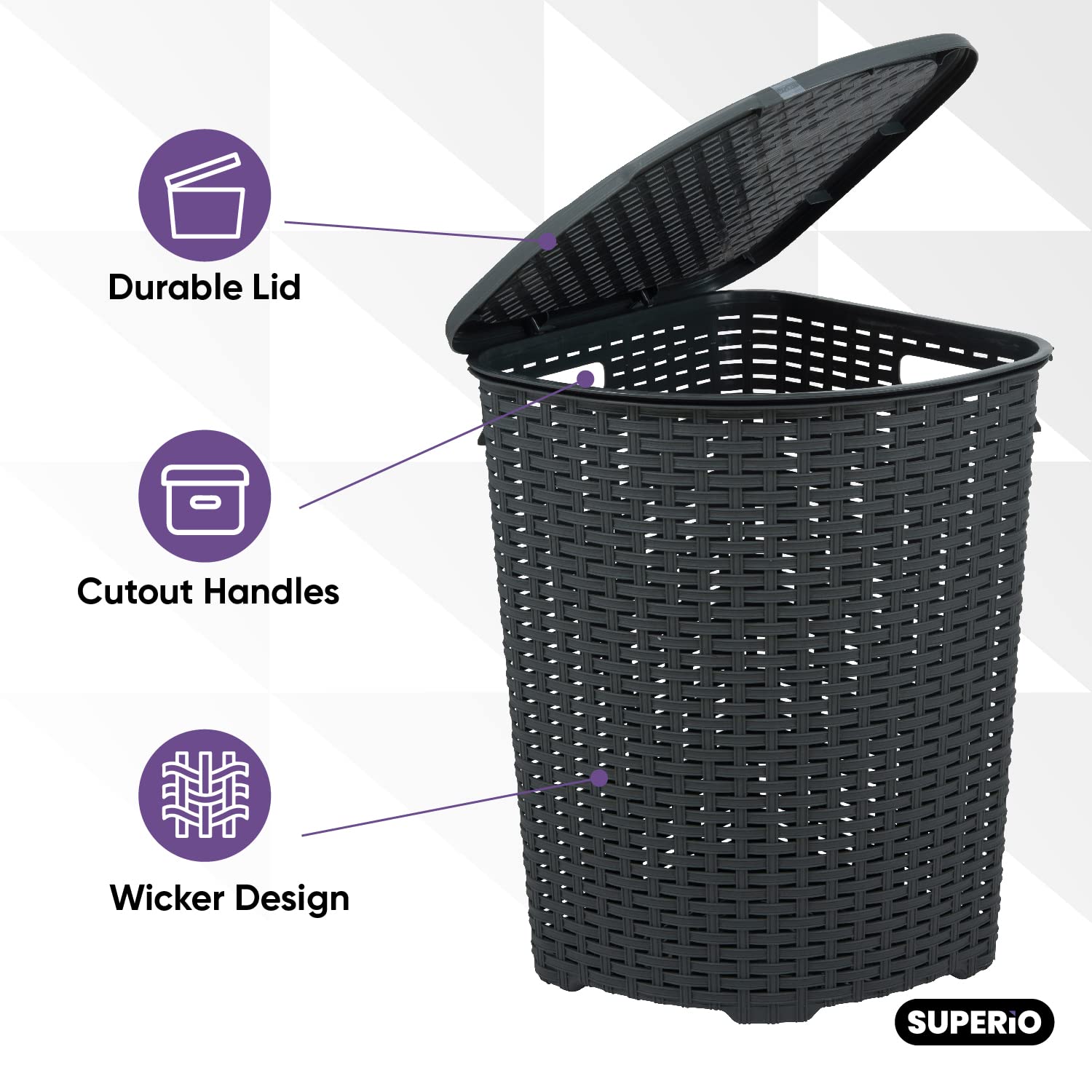 Superio Corner Laundry Hamper Basket With Lid 50 Liter - Grey Wicker Hamper - Durable, Lightweight Bin With Cutout Handles, Storage Dirty Cloths Curved Shape Design Fits Bathroom, Door and Closet