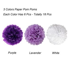 Tissue Paper Pom Poms, Recosis Paper Flower Ball for Birthday Party Wedding Baby Shower Bridal Shower Festival Decorations, 18 Pcs - Purple, Lavender and White