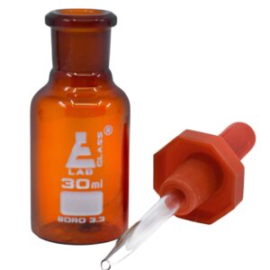 EISCO Dropping Bottle, 30ml (1oz) - Amber Borosilicate 3.3 Glass - Eye Dropper Pipette and Dust Proof Rubber Bulb - Octagonal, Non-Screw Top