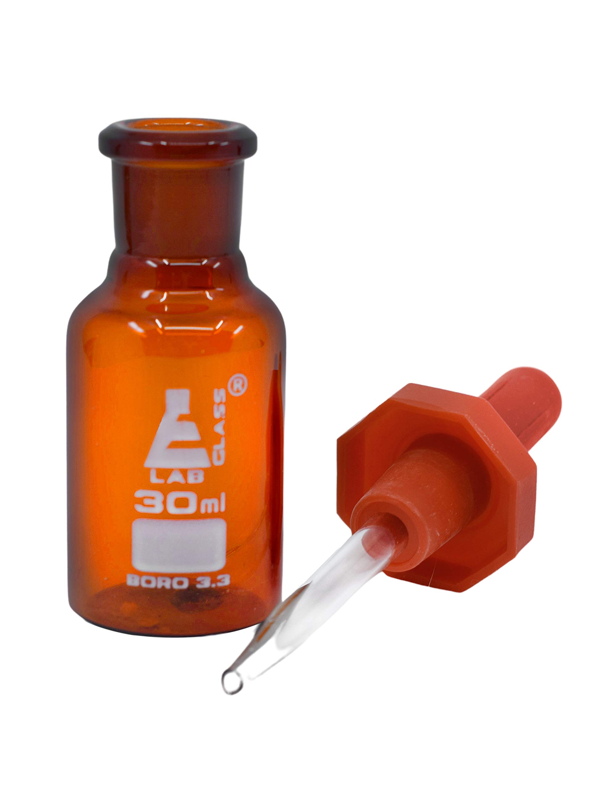 EISCO Dropping Bottle, 30ml (1oz) - Amber Borosilicate 3.3 Glass - Eye Dropper Pipette and Dust Proof Rubber Bulb - Octagonal, Non-Screw Top