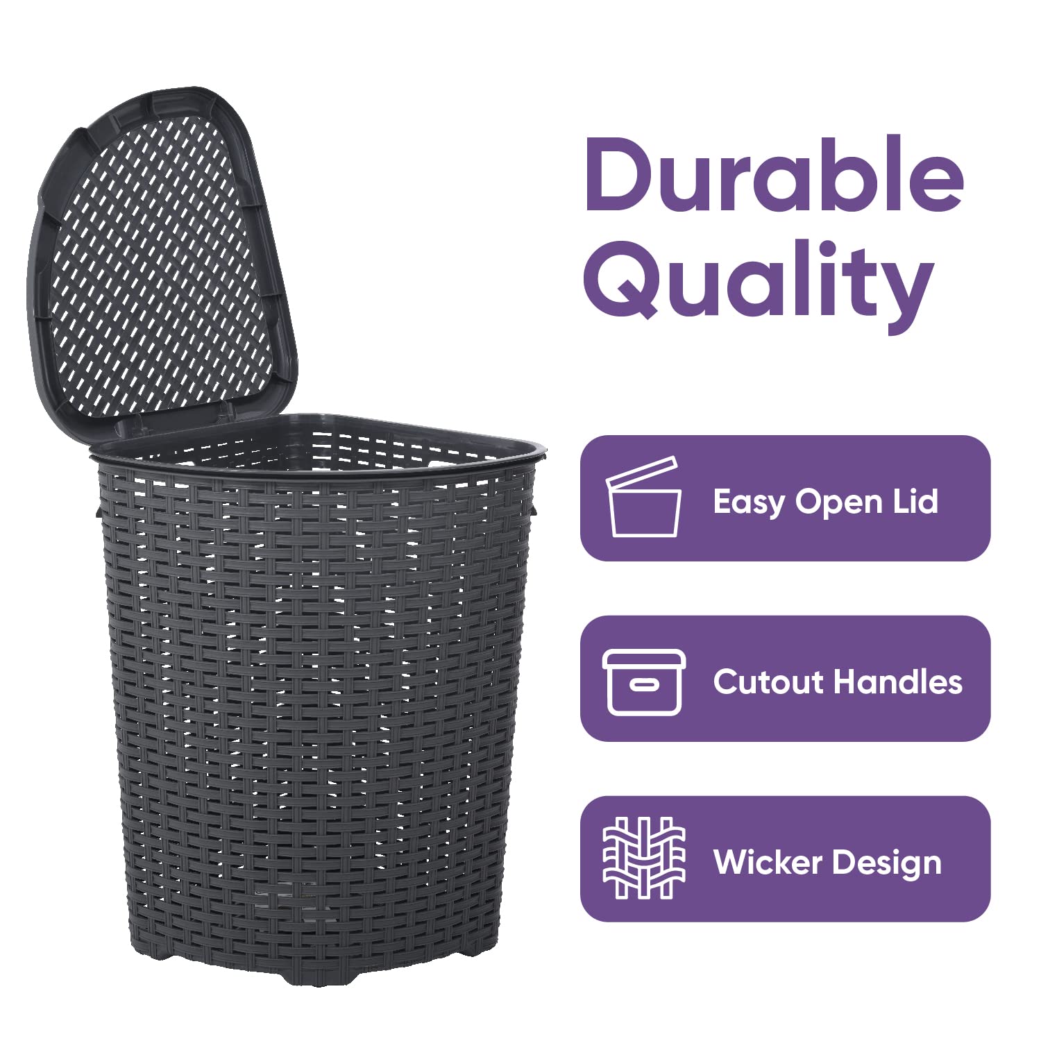 Superio Corner Laundry Hamper Basket With Lid 50 Liter - Grey Wicker Hamper - Durable, Lightweight Bin With Cutout Handles, Storage Dirty Cloths Curved Shape Design Fits Bathroom, Door and Closet