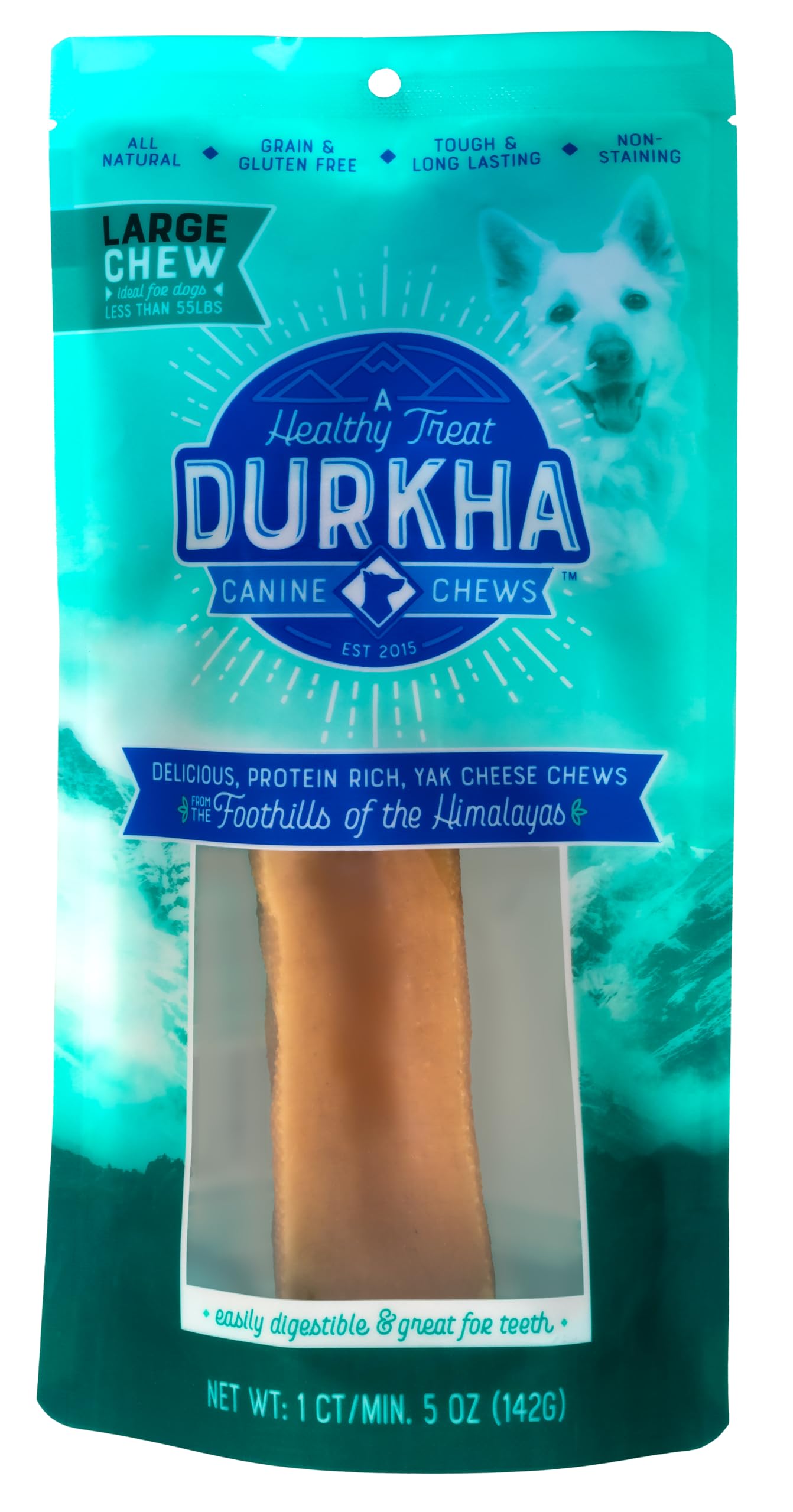 Durkha Yak Cheese Chews: Himalayan Yak Cheese Dog Chews- Natural, Healthy & Long Lasting Dog Treats - Grain, Gluten & Lactose-Free Rawhide Alternatives, For Dogs 55 lbs and Smaller, Single Large Stick