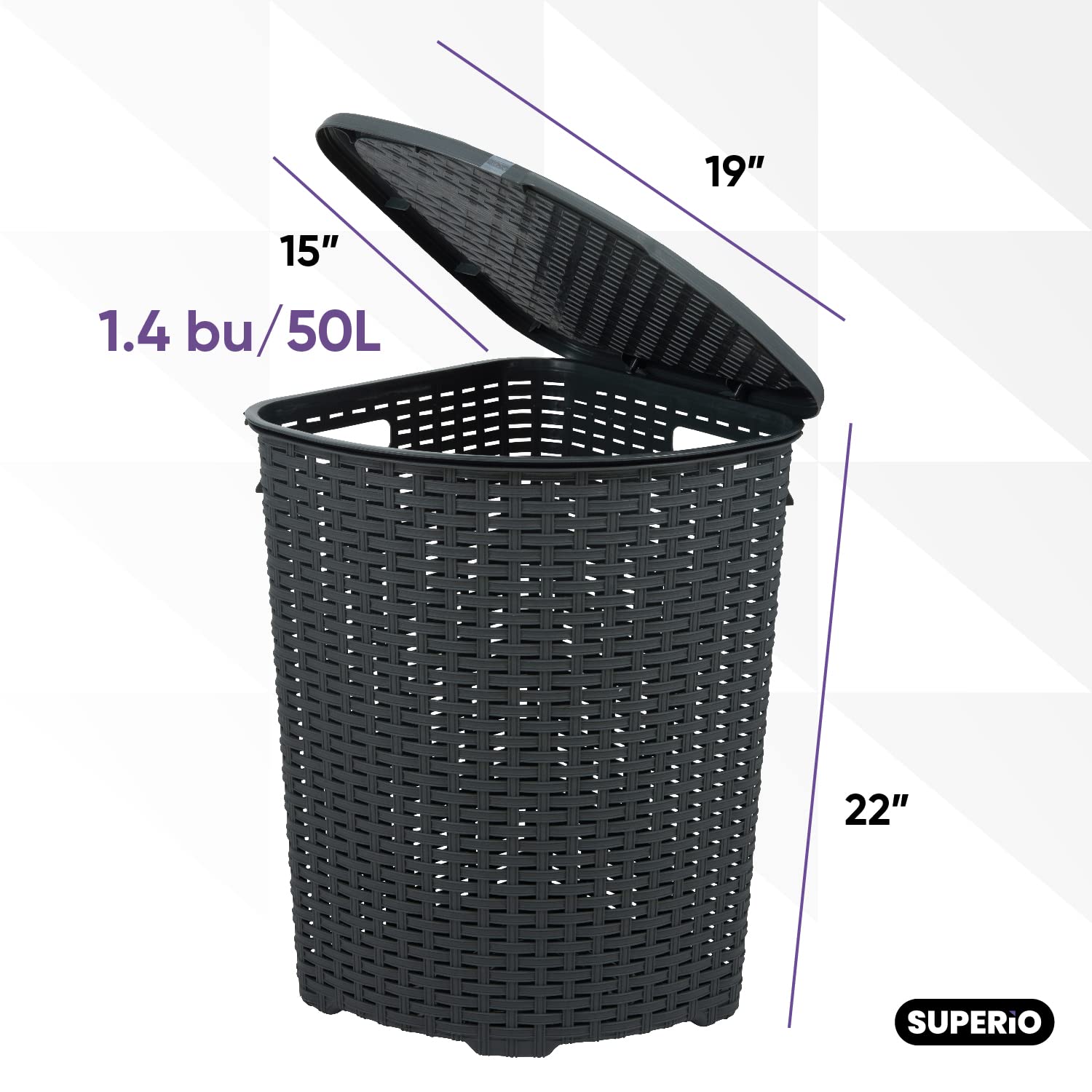 Superio Corner Laundry Hamper Basket With Lid 50 Liter - Grey Wicker Hamper - Durable, Lightweight Bin With Cutout Handles, Storage Dirty Cloths Curved Shape Design Fits Bathroom, Door and Closet