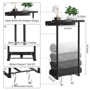 HOVNKUT Towel Racks for Small Bathroom,Wall Mounted Towel Holder Metal Shelf &2 Hooks, Space Saver &Mattle Black Bathroom Wall Decor,Hold 4 Rolled Towel(27x54in),Towel Storage for Bathroom,Toilet,RV