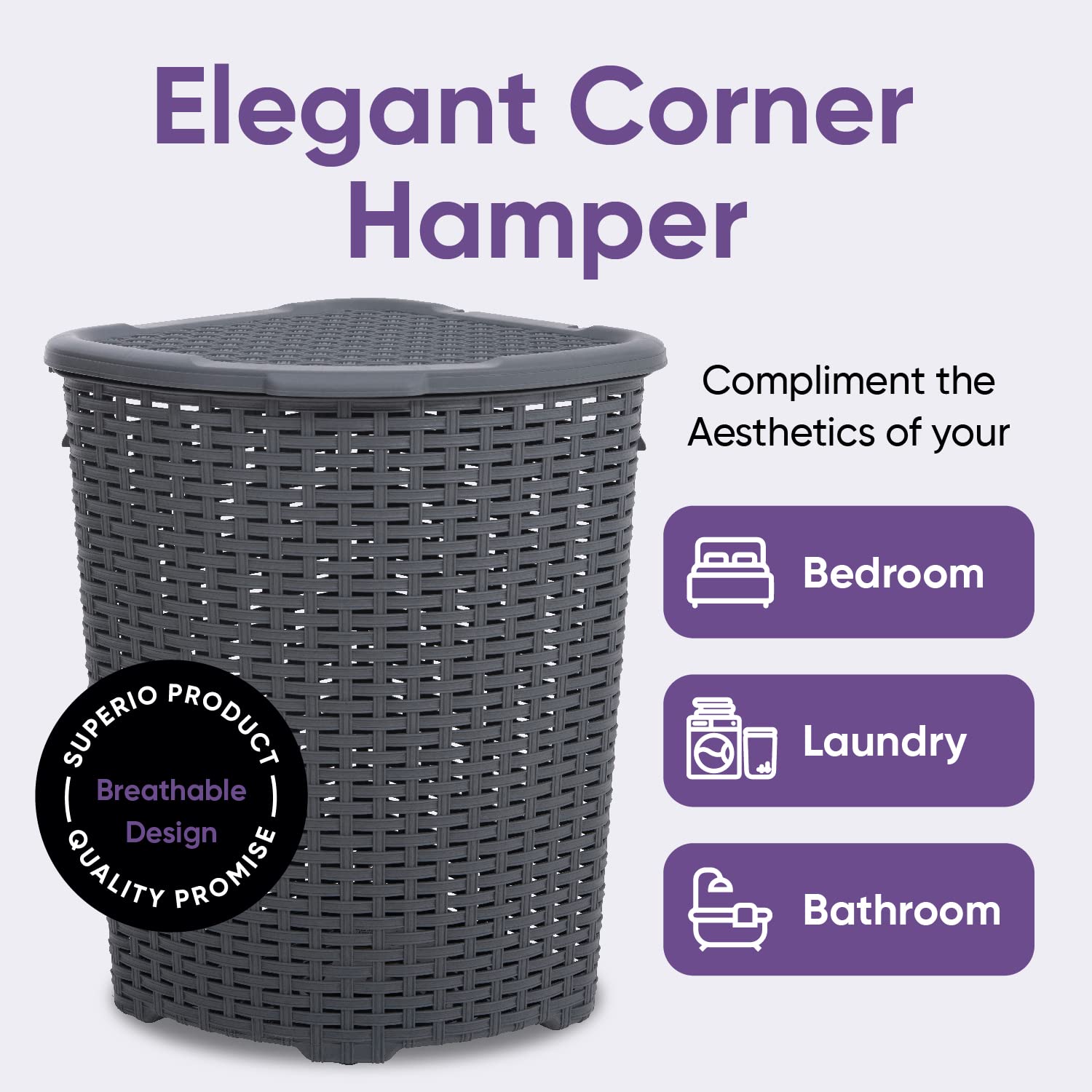 Superio Corner Laundry Hamper Basket With Lid 50 Liter - Grey Wicker Hamper - Durable, Lightweight Bin With Cutout Handles, Storage Dirty Cloths Curved Shape Design Fits Bathroom, Door and Closet