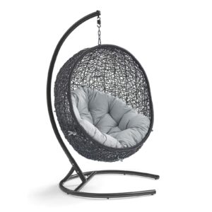 modway eei-739-gry-set encase wicker rattan outdoor patio porch lounge egg, swing chair with stand, gray