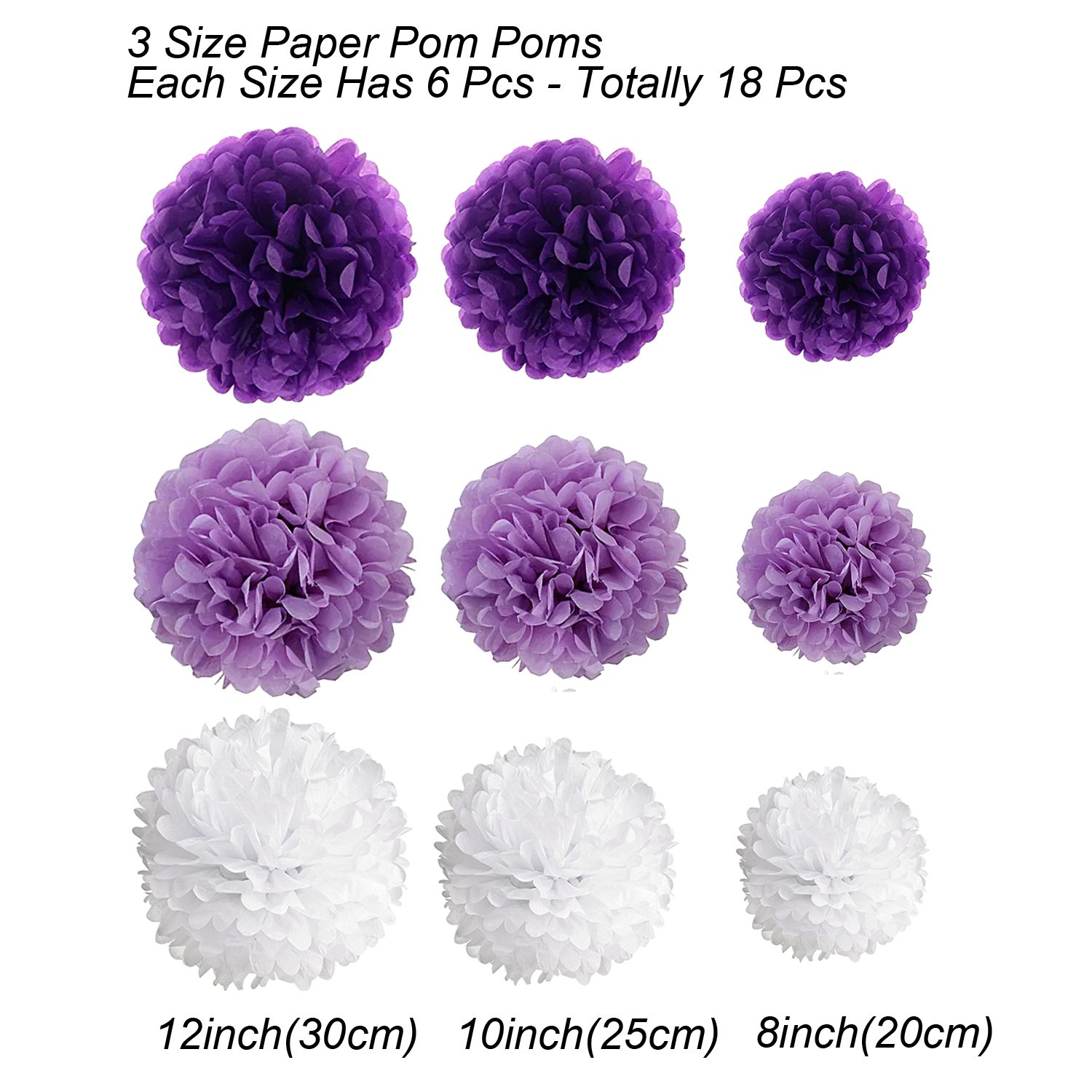 Tissue Paper Pom Poms, Recosis Paper Flower Ball for Birthday Party Wedding Baby Shower Bridal Shower Festival Decorations, 18 Pcs - Purple, Lavender and White