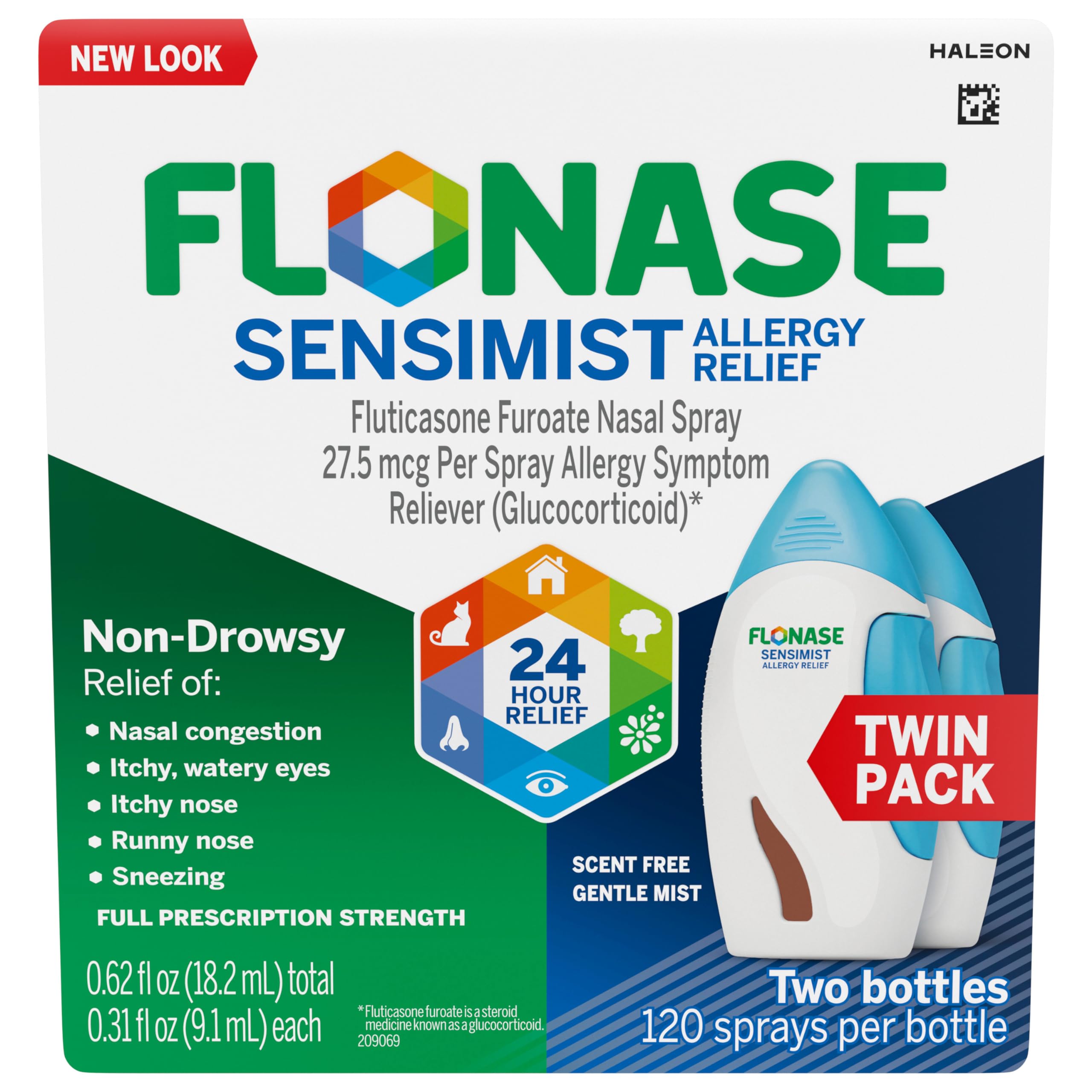 Flonase Sensimist Allergy Relief Nasal Spray for Non-Drowsy, 24-Hour Multi-Symptom Allergy Relief – 120 Sprays (Pack of 2)