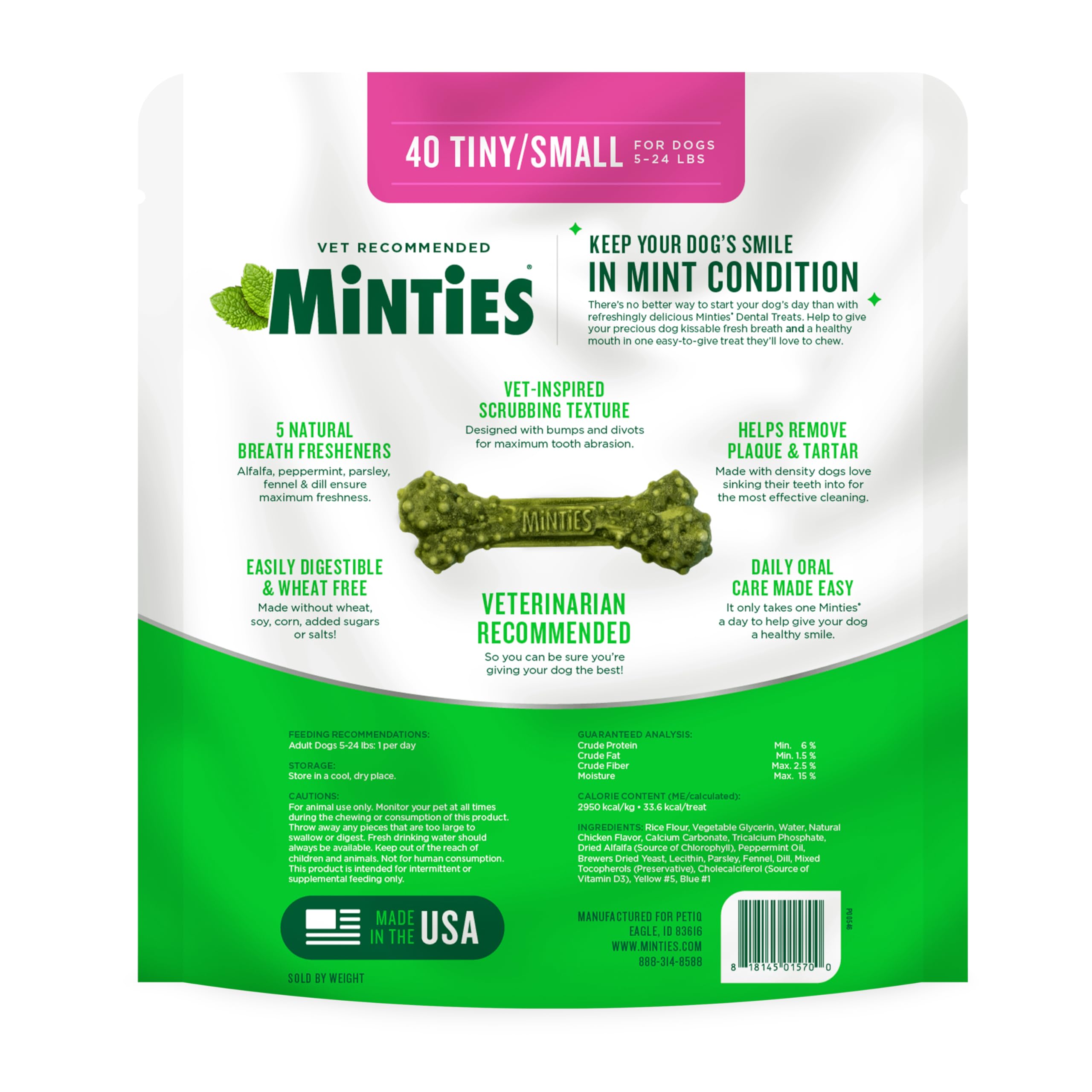 Minties Dental Chews for Dogs, 40 Count, Vet-Recommended Mint-Flavored Dental Treats for Tiny/Small Dogs 5-24 lbs, Dental Bones Clean Teeth, Fight Bad Breath, and Removes Plaque and Tartar