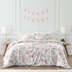 sweet jojo designs blush pink, grey and white shabby chic watercolor floral girl full/queen kid childrens bedding comforter set 3 pieces - rose flower