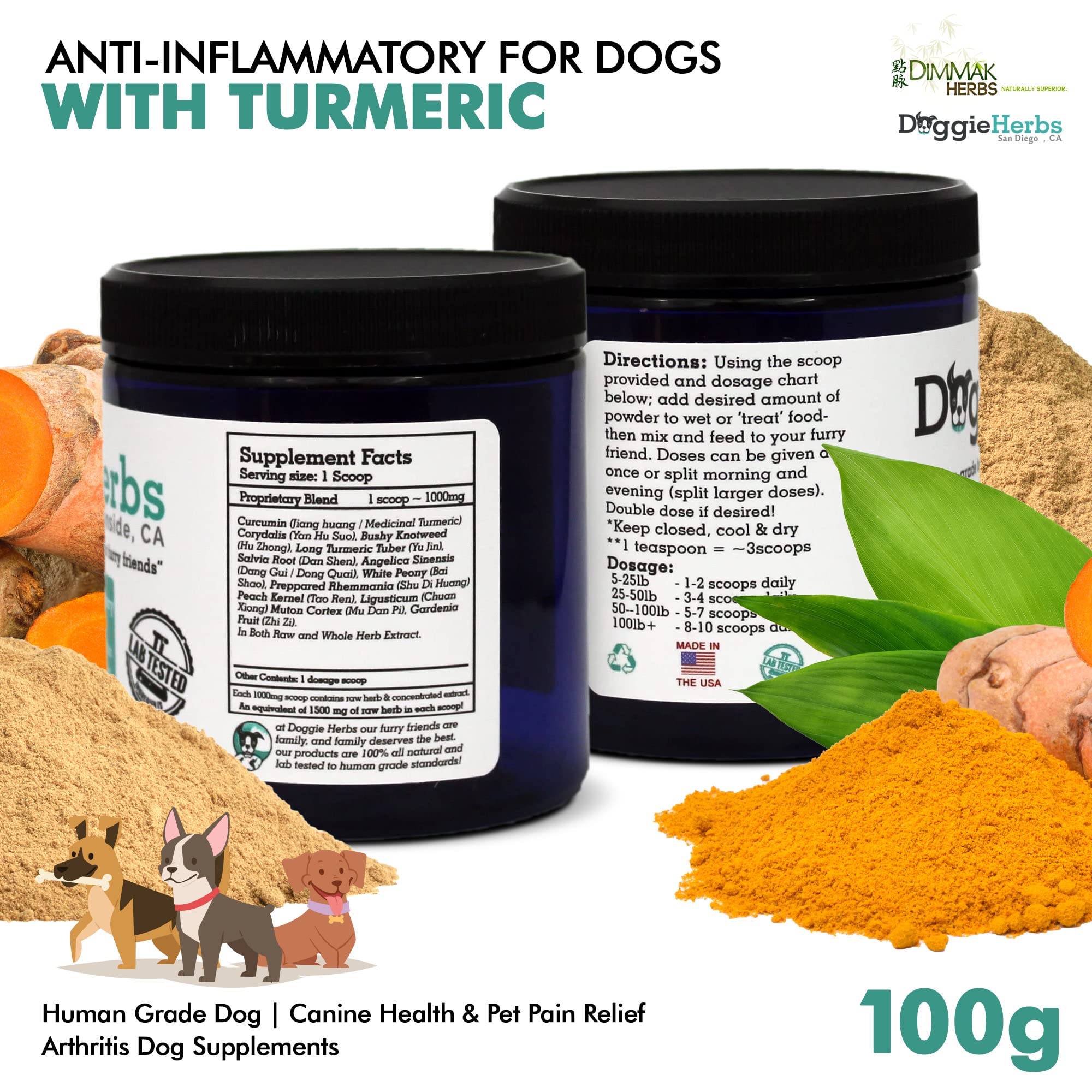 Anti-Inflammatory for Dogs w Turmeric (Curcumin) | Human Grade Dog Pain Relief, Arthritis Supplement – 100g by Doggie Herbs