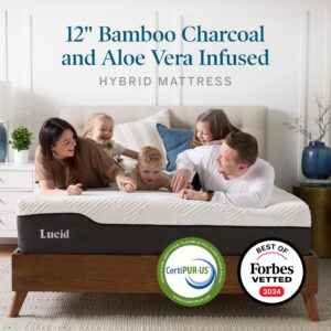 Lucid 12 Inch Hybrid Memory Foam Infused with Bamboo Charcoal and Aloe Vera-Encased Spring Support-Medium Plush Feel-Motion Isolation Mattress, Twin XL, White