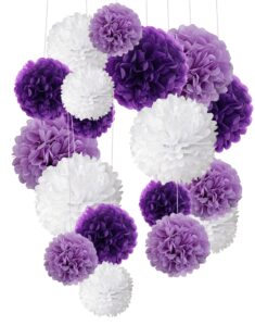 tissue paper pom poms, recosis paper flower ball for birthday party wedding baby shower bridal shower festival decorations, 18 pcs - purple, lavender and white