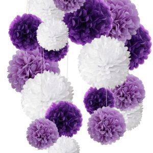 Tissue Paper Pom Poms, Recosis Paper Flower Ball for Birthday Party Wedding Baby Shower Bridal Shower Festival Decorations, 18 Pcs - Purple, Lavender and White