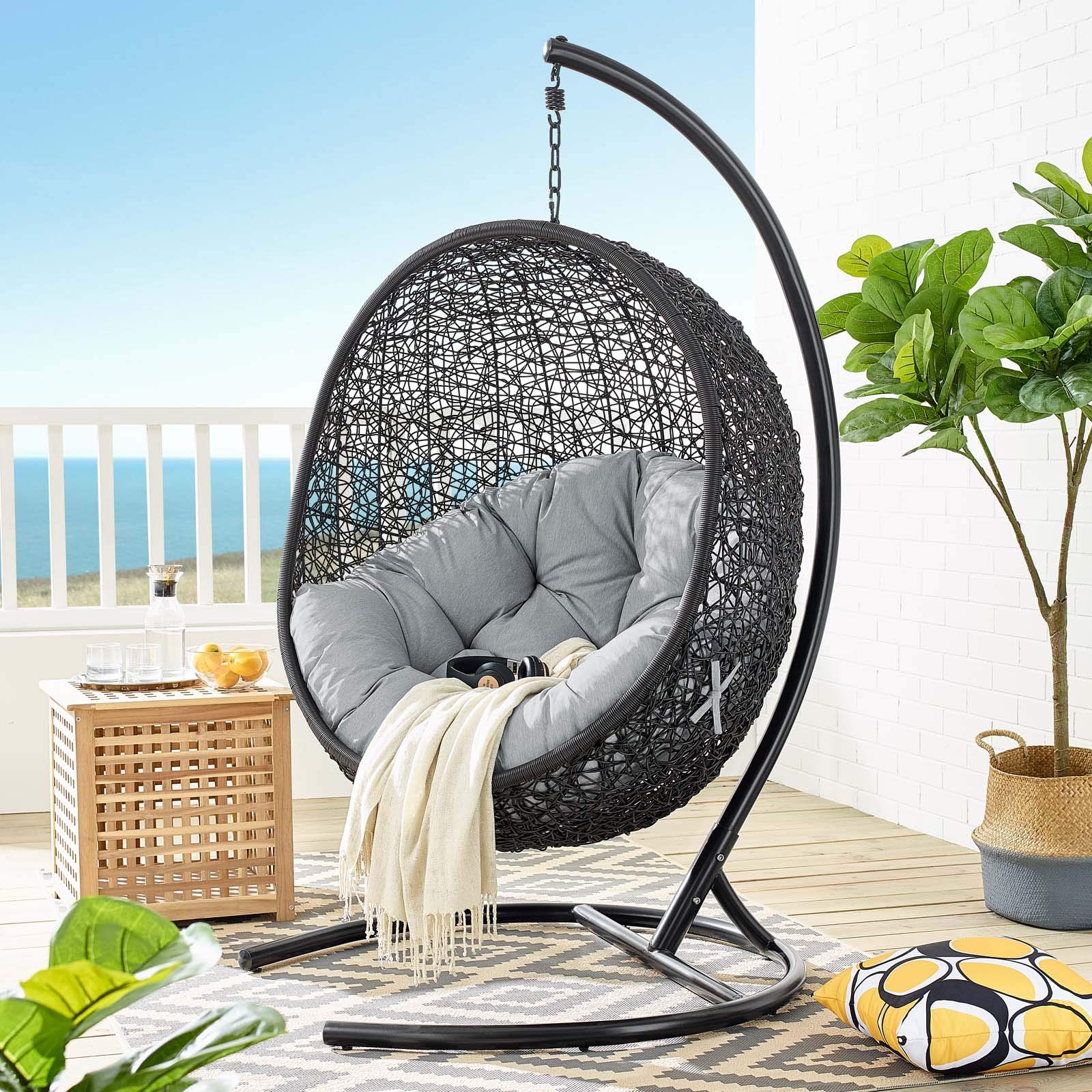 Modway EEI-739-GRY-SET Encase Wicker Rattan Outdoor Patio Porch Lounge Egg, Swing Chair with Stand, Gray