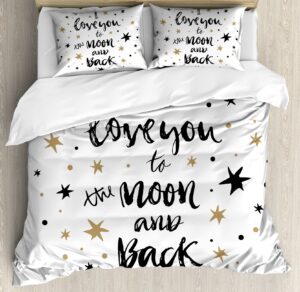 ambesonne saying duvet cover set, hand drawn i love you to the moon and back words stars celebration theme, decorative 3 piece bedding set with 2 pillow shams, queen size, cocoa black