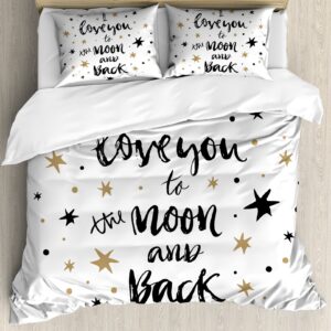 Ambesonne Saying Duvet Cover Set, Hand Drawn I Love You to The Moon and Back Words Stars Celebration Theme, Decorative 3 Piece Bedding Set with 2 Pillow Shams, Queen Size, Cocoa Black