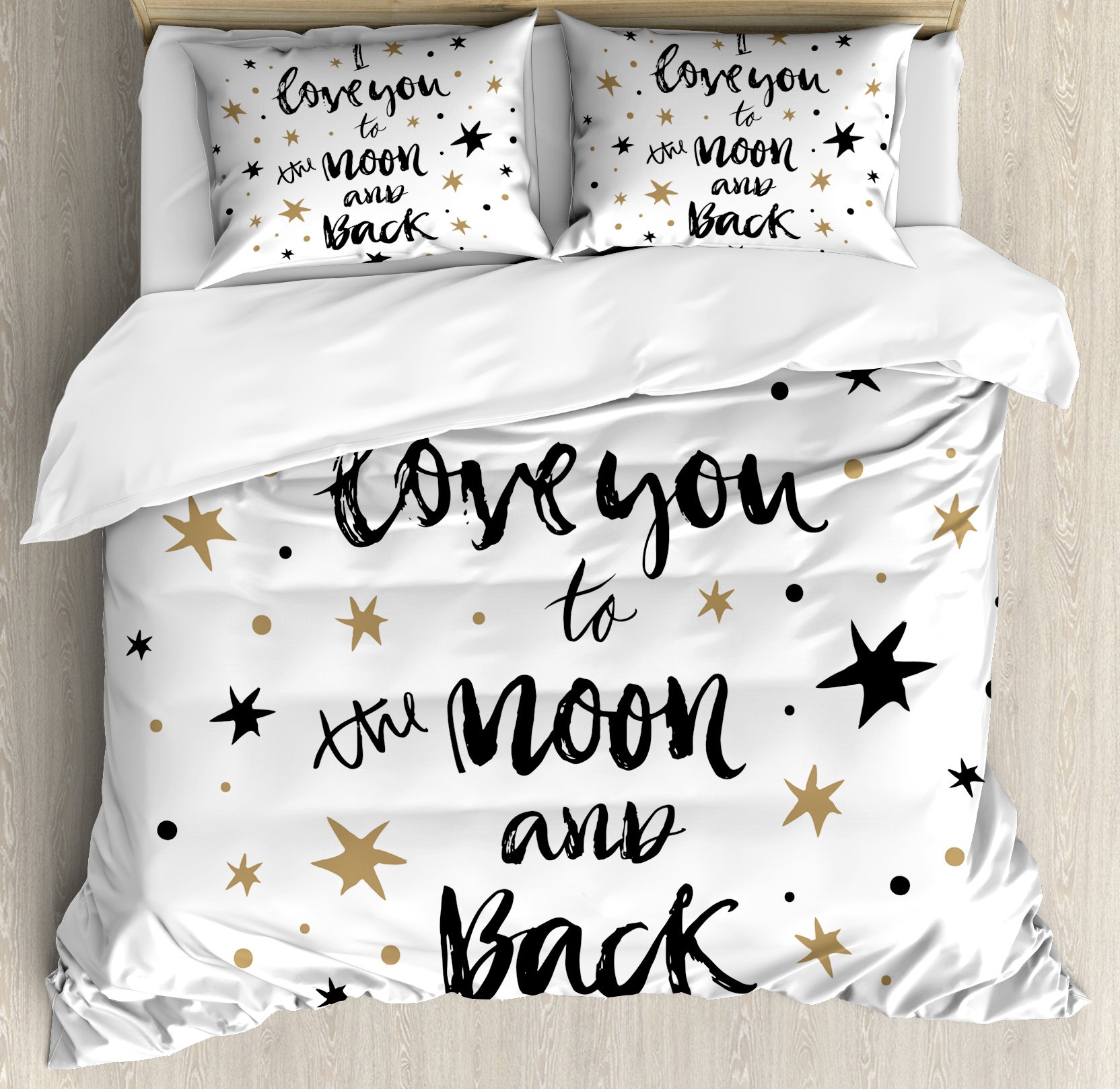 Ambesonne Saying Duvet Cover Set, Hand Drawn I Love You to The Moon and Back Words Stars Celebration Theme, Decorative 3 Piece Bedding Set with 2 Pillow Shams, Queen Size, Cocoa Black