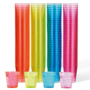 matana 150 neon plastic shot glasses (1oz), party shot cups for wine tasting, condiments, sauce, jello shots & more - sturdy & reusable