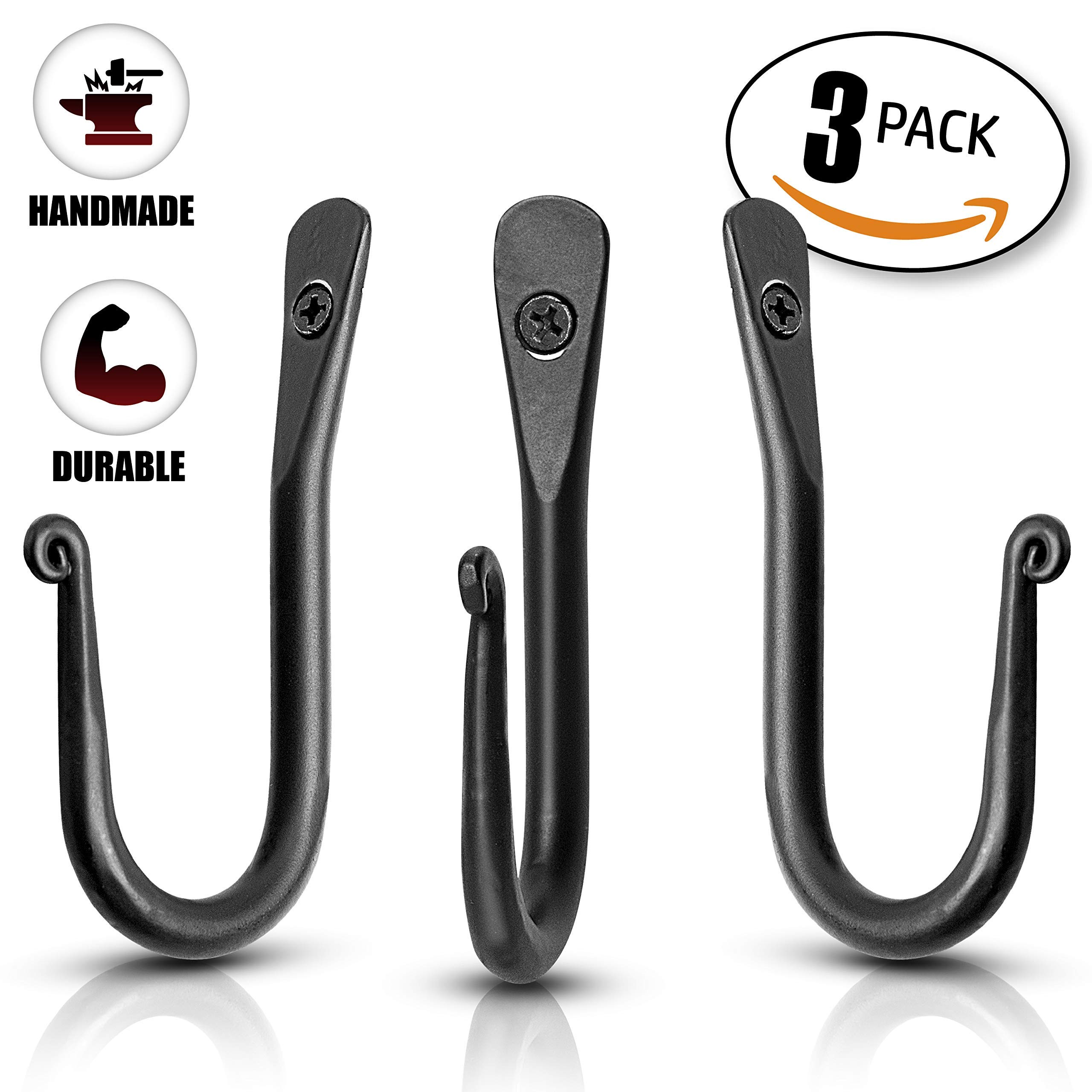 Stur-De Decorative Hooks for Wall - Wall Hooks for Hanging Coats, Hats, & Bags, Versatile Towel Hooks for Bathrooms or Kitchen - Wrought Iron Hanging Hooks - Pack of 3, Black - 2 x 0.35 x 3.75 Inches