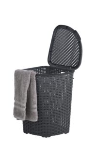 superio corner laundry hamper basket with lid 50 liter - grey wicker hamper - durable, lightweight bin with cutout handles, storage dirty cloths curved shape design fits bathroom, door and closet