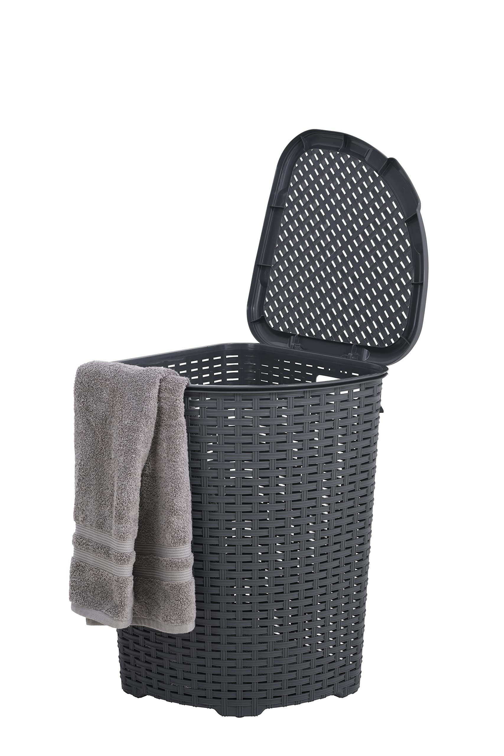 Superio Corner Laundry Hamper Basket With Lid 50 Liter - Grey Wicker Hamper - Durable, Lightweight Bin With Cutout Handles, Storage Dirty Cloths Curved Shape Design Fits Bathroom, Door and Closet