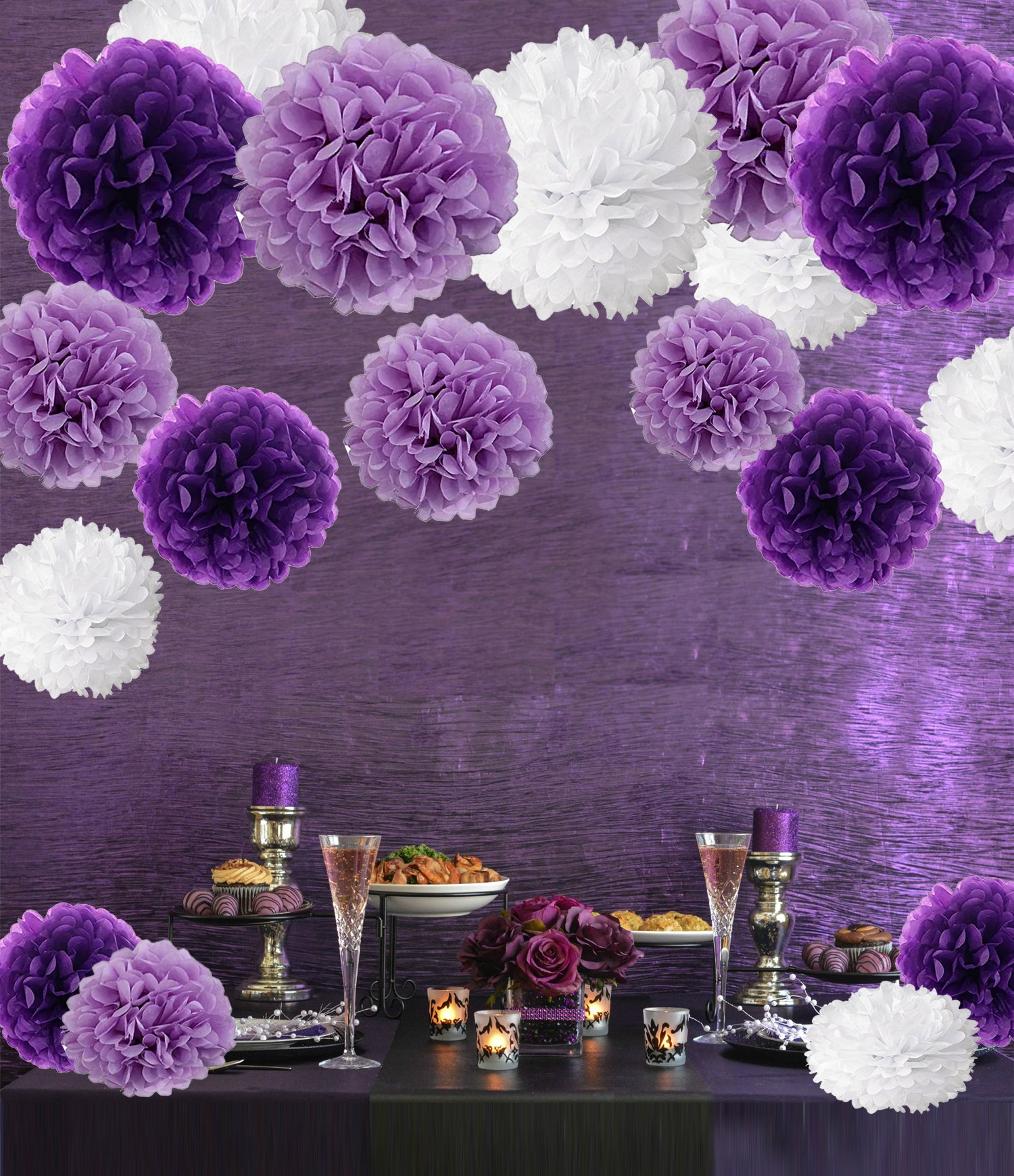 Tissue Paper Pom Poms, Recosis Paper Flower Ball for Birthday Party Wedding Baby Shower Bridal Shower Festival Decorations, 18 Pcs - Purple, Lavender and White