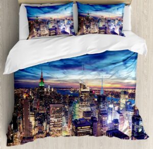 ambesonne city duvet cover set, skyscrapers of midtown manhattan new york aerial view at night time scenario, decorative 3 piece bedding set with 2 pillow shams, queen size, navy blue aqua tan