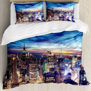 Ambesonne City Duvet Cover Set, Skyscrapers of Midtown Manhattan New York Aerial View at Night Time Scenario, Decorative 3 Piece Bedding Set with 2 Pillow Shams, Queen Size, Navy Blue Aqua Tan