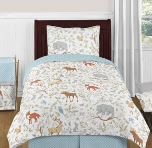 sweet jojo designs blue, grey and white woodland deer fox bear animal toile 4 piece boy or girl kids childrens twin bedding set