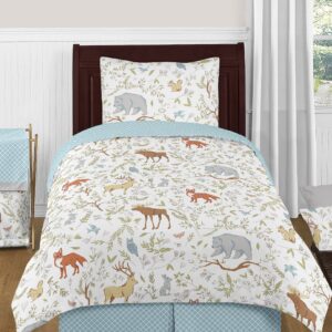 Sweet Jojo Designs Blue, Grey and White Woodland Deer Fox Bear Animal Toile 4 Piece Boy or Girl Kids Childrens Twin Bedding Set