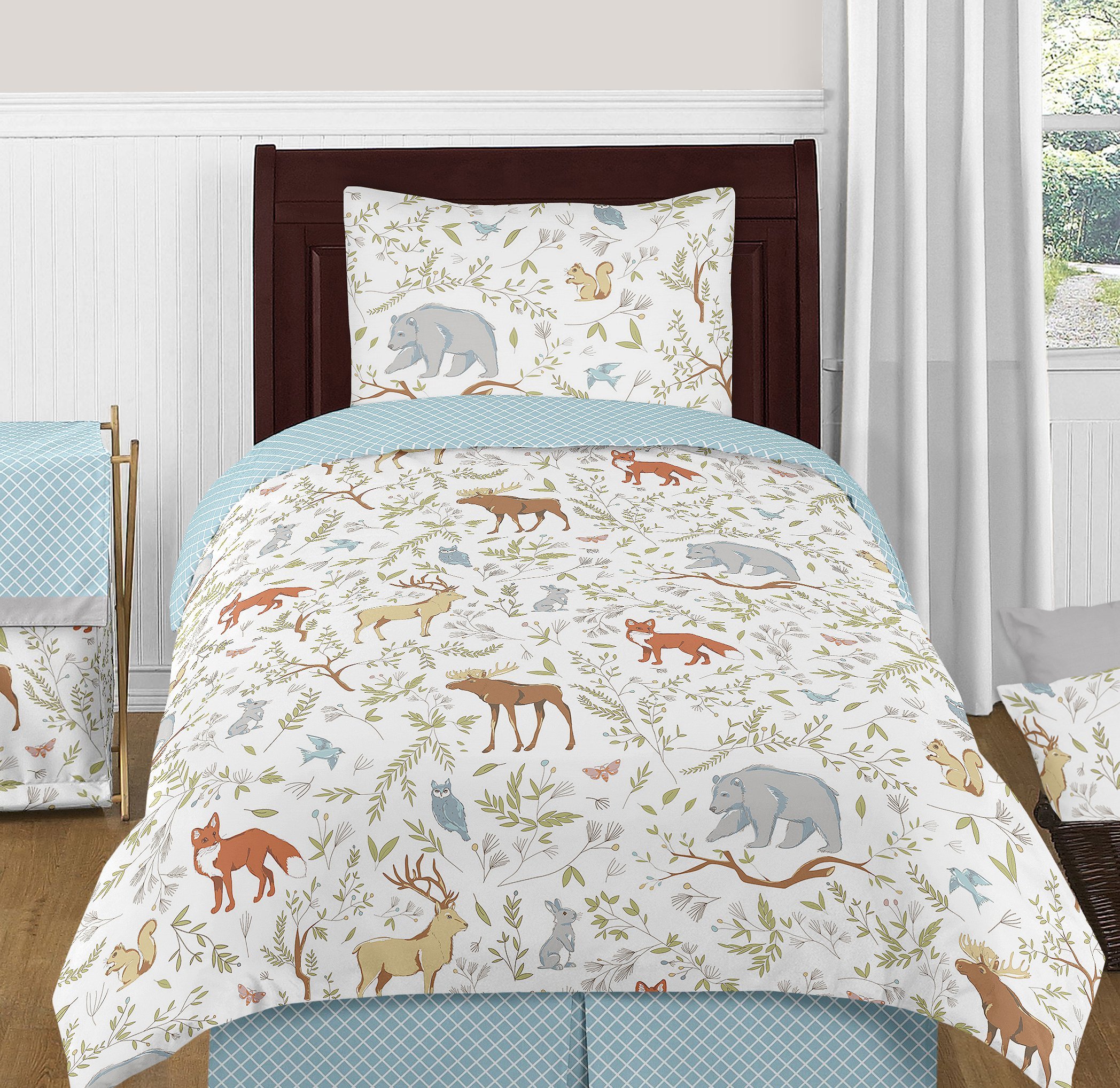 Sweet Jojo Designs Blue, Grey and White Woodland Deer Fox Bear Animal Toile 4 Piece Boy or Girl Kids Childrens Twin Bedding Set