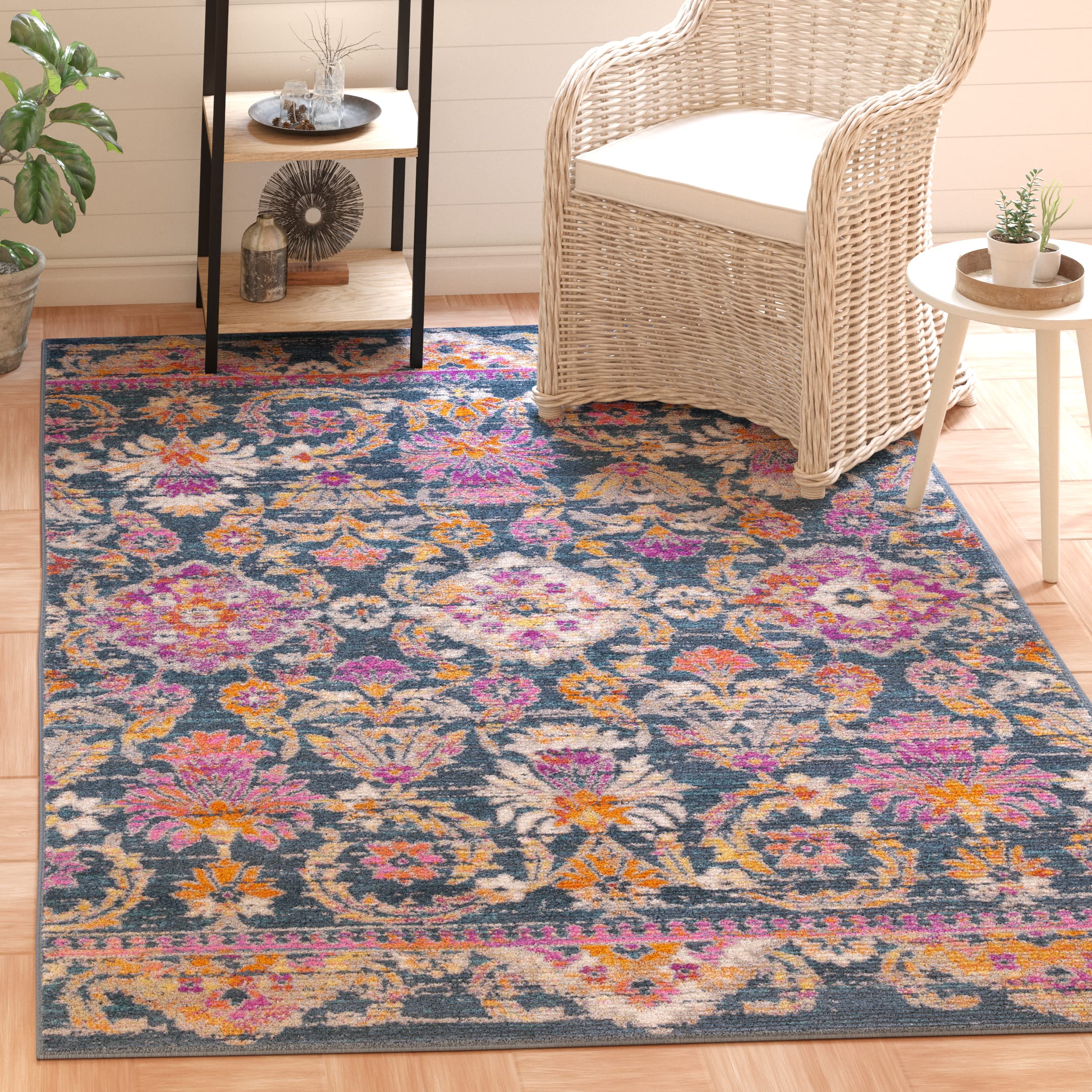 SAFAVIEH Madison Collection Area Rug - 6' x 9', Blue & Fuchsia, Boho Chic Floral Design, Non-Shedding & Easy Care, Ideal for High Traffic Areas in Living Room, Bedroom (MAD130C)