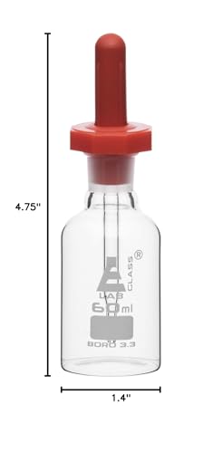 Dropping Bottle, 60ml (2oz) - Borosilicate 3.3 Glass - Eye Dropper Pipette and Dust Proof Rubber Bulb - Octagonal, Non-Screw Top - Eisco Labs