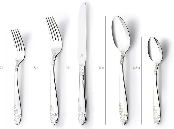 DANIALLI Imperial Silverware Set - 18/10 Stainless Steel Flatware Set for Elegant Dining - Dishwasher Safe Cutlery Set - Floral Silverware Set (20-Piece)