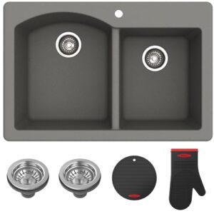 kraus forteza 33-inch drop in/undermount 60/40 double bowl granite kitchen sink in grey, kgd-50grey