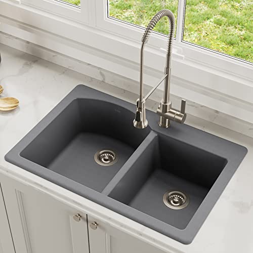 KRAUS Forteza 33-inch Drop In/Undermount 60/40 Double Bowl Granite Kitchen Sink in Grey, KGD-50GREY