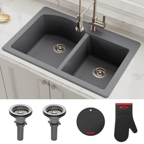 KRAUS Forteza 33-inch Drop In/Undermount 60/40 Double Bowl Granite Kitchen Sink in Grey, KGD-50GREY