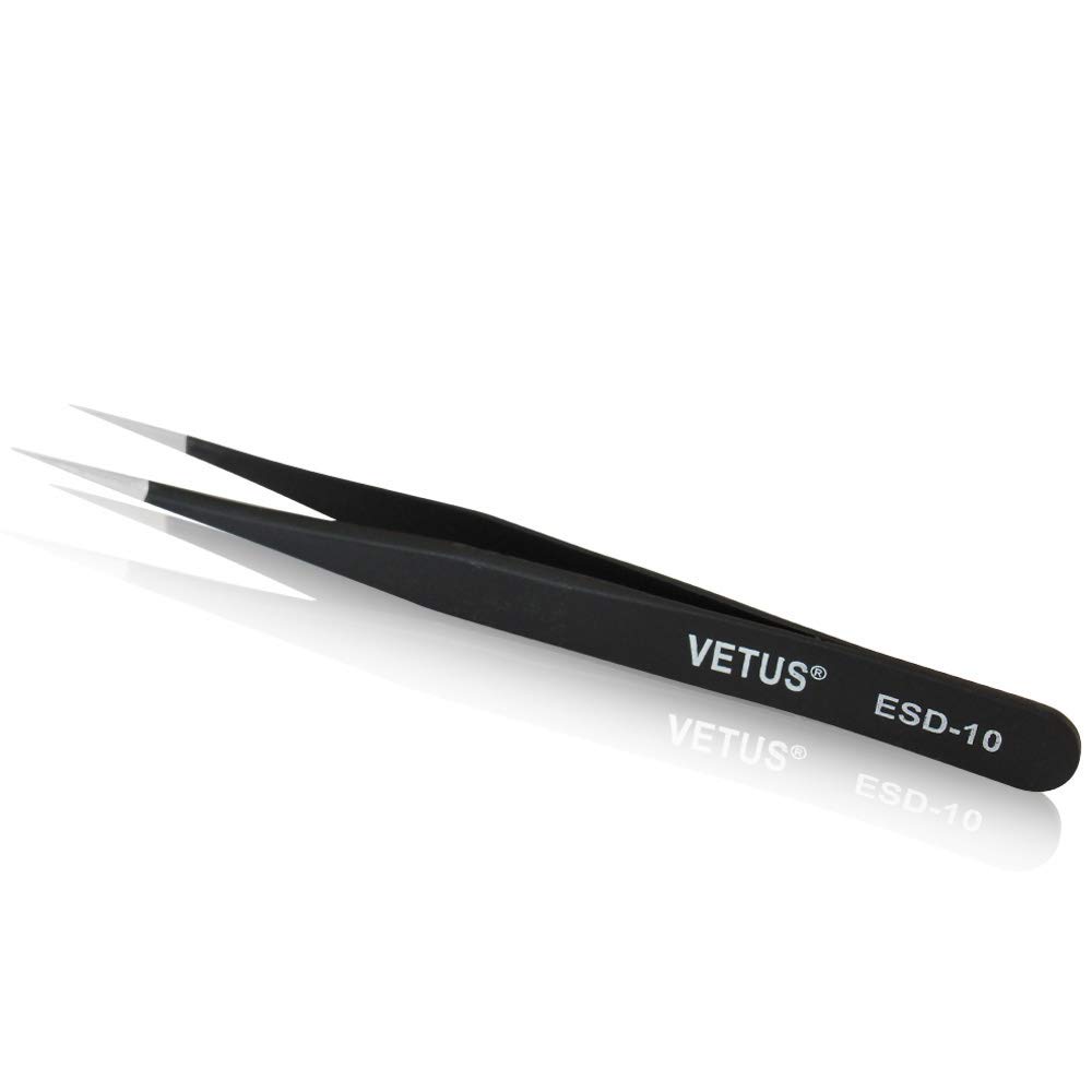 Vetus Anti-static SMD Black Tweezer Non-magnetic Stainless Steel Pointed Tip ESD-10