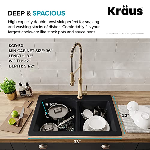 KRAUS Forteza 33-inch Drop In/Undermount 60/40 Double Bowl Granite Kitchen Sink in Grey, KGD-50GREY