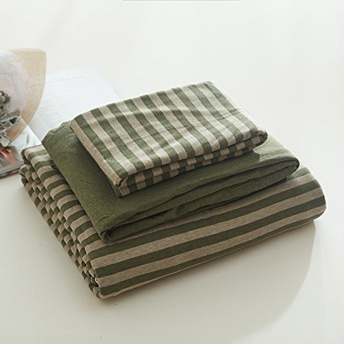 HC 100% Cotton 4pcs Queen Size Army Green Striped Duvet Cover Set Soft Fabric Jersey Knit Bedding (Queen)