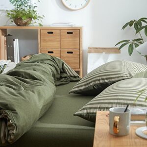 HC 100% Cotton 4pcs Queen Size Army Green Striped Duvet Cover Set Soft Fabric Jersey Knit Bedding (Queen)