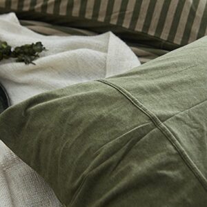 HC 100% Cotton 4pcs Queen Size Army Green Striped Duvet Cover Set Soft Fabric Jersey Knit Bedding (Queen)