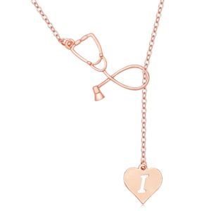 manzhen rose gold plated medicine stethoscope heart initial alphabet letter necklace for doctor nurse (i)