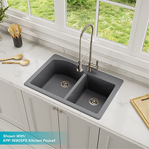 KRAUS Forteza 33-inch Drop In/Undermount 60/40 Double Bowl Granite Kitchen Sink in Grey, KGD-50GREY