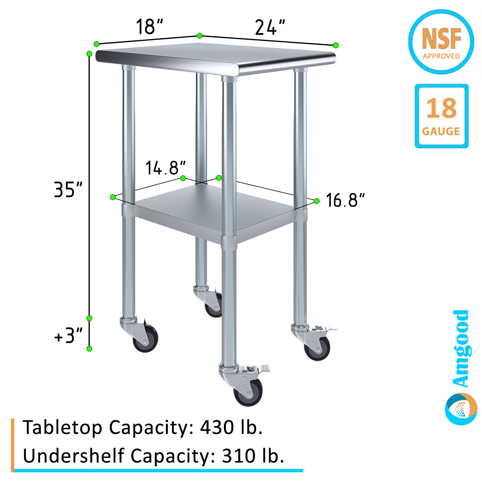 AmGood 24" x 18" Stainless Steel Work Table with Casters | Heavy Duty Metal Utility Table On Wheels | Kitchen Island Cart