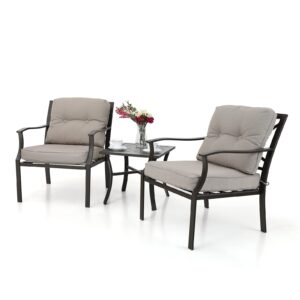 phi villa patio conversation sets 3 piece outdoor bistro set, 2 steel patio chairs with padded cushions & 1 coffee side metal table