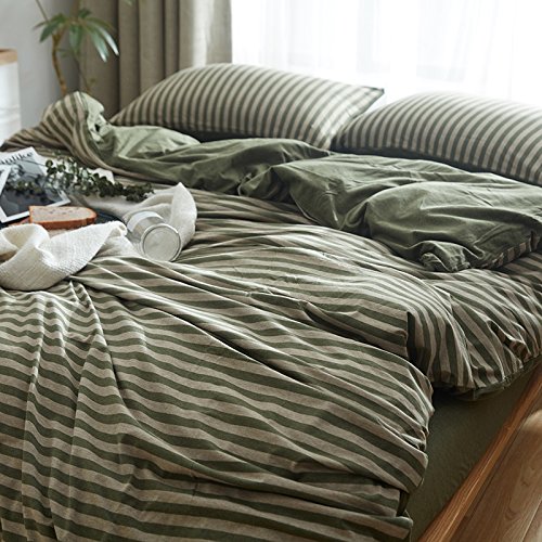 HC 100% Cotton 4pcs Queen Size Army Green Striped Duvet Cover Set Soft Fabric Jersey Knit Bedding (Queen)