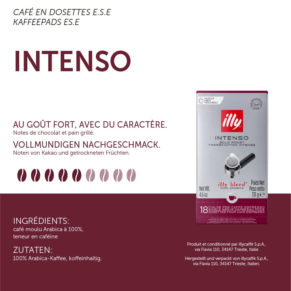 illy E.S.E. Coffee - Single-Serve Coffee Capsules & Pods - Coffee Pods – Intenso Dark Roast - Notes Of Cocoa & Dried Fruit - For E.S.E Coffee Machines - Extraordinary Aroma & Body – 18 Count