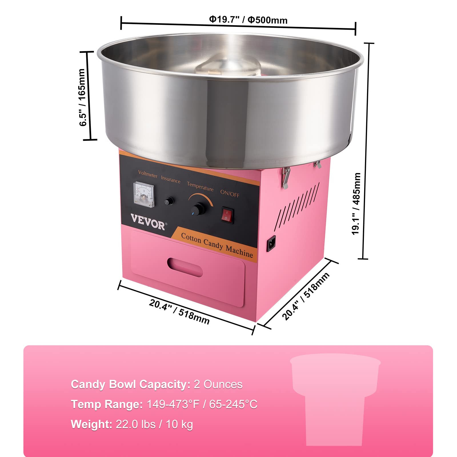 VEVOR Commercial Cotton Candy Machine, Electric Floss Maker with Stainless Steel Bowl, Sugar Scoop and Large Storage Drawer, for Home Party Carnival, Pink